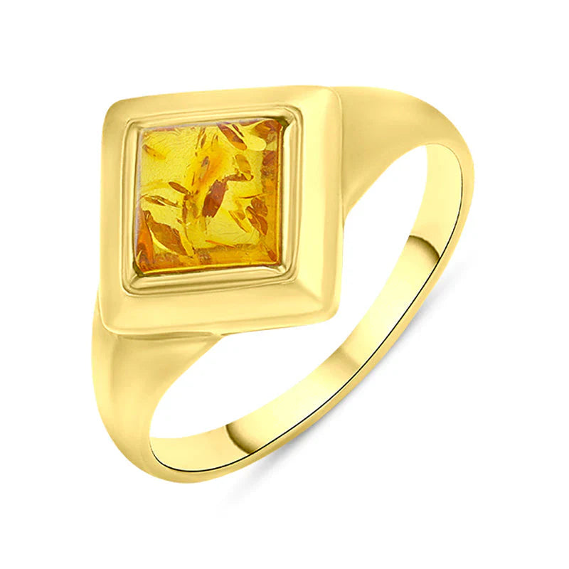 9ct Yellow Gold Amber Square Rib Edge Ring D R155 | Araucaria Jet Jewellers